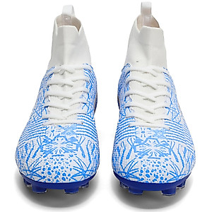 WINGFAI Men's Soccer Shoes Outdoor Turf Indoor Soccer Training Sneaker Professional High-Top Athletic Football Boots Breathable Cleats White Blue 11 US