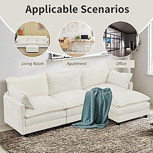 Modern Cloud Couch,Deep Seats L-Shaped Chenille Sofa Sleeper with Ottoman,3-Seat Modular Sectional Couch,Comfy Home Couch for Living Room, Apartments,Studio Lounge Sofas Furniture (White, 113"3 Seat)