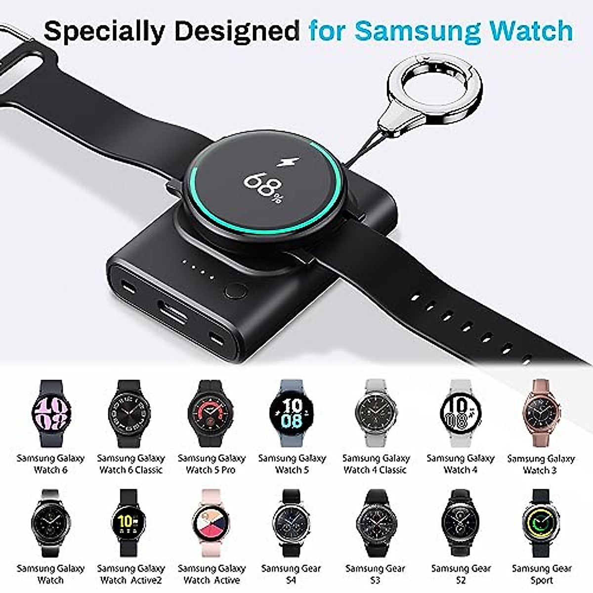 Watch Charger for Samsung, Portable Watch Charger 1800mAh Compatible with Samsung Galaxy Watch 6/6 Classic/5/5 Pro/4/4 Classic/3/Active 2, for Samsung Gear S3/Sport Watch Charger with Keychain