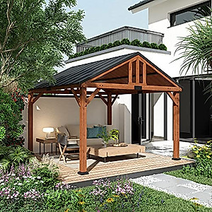 Outsunny 11' x 12' Hardtop Gazebo with Wooden Frame and Waterproof Asphalt Roof, Permanent Pavilion Gazebo Canopy, for Garden, Patio, Backyard, Deck, Porch, Brown