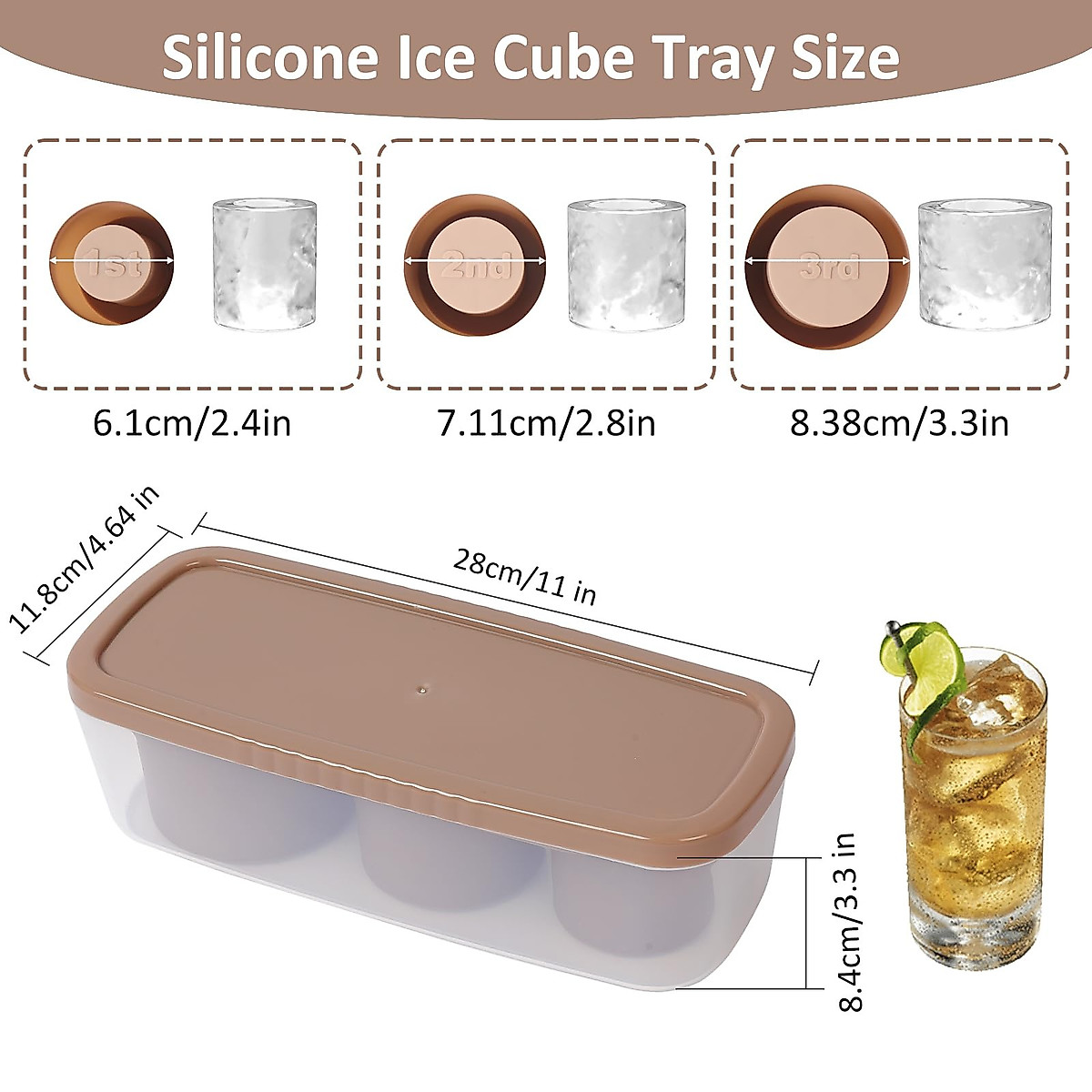 ALOOF Ice Cube Tray with Lid and Bin Compatible with Stanley Cup, 3 Pcs Silicone Ice Cube Hollow Cylinder Molds for Coffee, Juice, Whiskey, Cocktail, for Stanley 40 Oz Cups Accessories (Brown）, Green