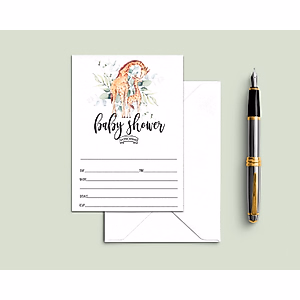 Giraffe Baby Shower Invitations Gender Neutral (25 Pack) Blank Invites for Reveal Parties – Greenery Theme Boy or Girl – Handwrite Party Details on Printed Invitation with Envelope Set 5x7