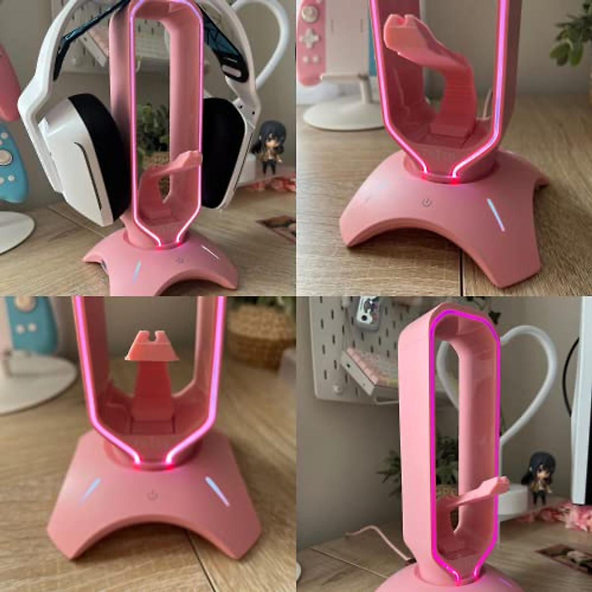 Tilted Nation RGB Gaming Headset Stand - 3 in 1 Pink Headphone Stand with Mouse Bungee and 2 Port USB Hub Charger - The Ultimate Gaming Accessory and Gamer Gift - RGB Headphone Holder for Desk