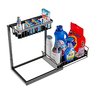 KINGPOUL under sink organizers and storage-2Tier organization and storage Slide Out Pull Out cabinet organizer Drawers L-Shape Under Kitchen Bathroom Sink Organizers and Storage(Black)