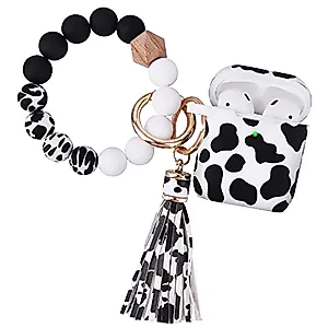 AirPods Case AIRSPO AirPods Case Cover for Apple AirPods Printed Silicone Protective Skin for Women, Girls with Bracelet Keychain/Accessories (Black/Cow)