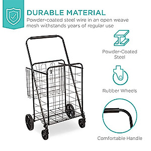 Best Choice Products Folding Steel Grocery Cart, Portable Multipurpose Utility Double Basket for Shopping, Groceries, Laundry w/Swivel Wheels, Storage, 220lb Capacity