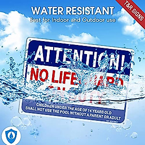 T&R No Lifeguard On Duty Sign, Pool Sign - 2 Pack - 14"x10" .040 Rust Free Heavy Aluminum, Reflective, Waterproof, Weatherproof and Fade Resistant, 4 pre-drilled holes, Easy to Mount