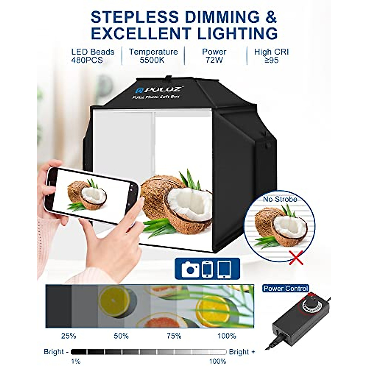 PULUZ Photo Studio Soft Box,16x16 inches Portable Light Box Photography Shooting Tent Kit with Hight CRI 480 LED Lights & 4 Color Backdrops for Product Photography