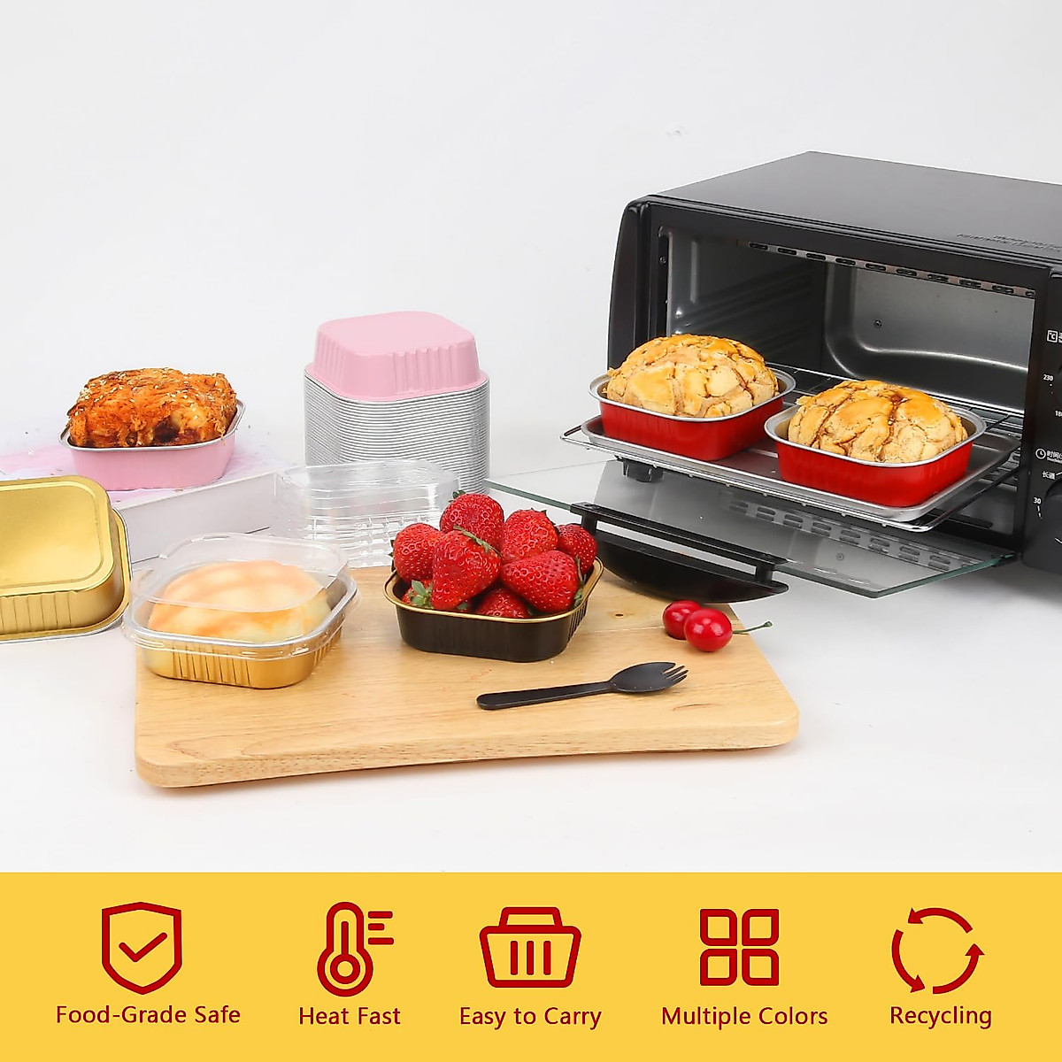 LNYZQUS 7.5oz Cupcake Mini Cake Pans With Lids 40 Pack, Aluminum Cupcake Liners Brownie Baking Pans,Square 4”x4” Disposable Ramekins Creme Brulee Cups,Jumbo Muffin Tin Holders-Black In Gold