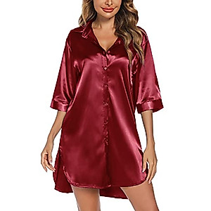 Leikar Silk Nightgown For Women Satin Slik Pajamas Sleep Shirts Wine Red
