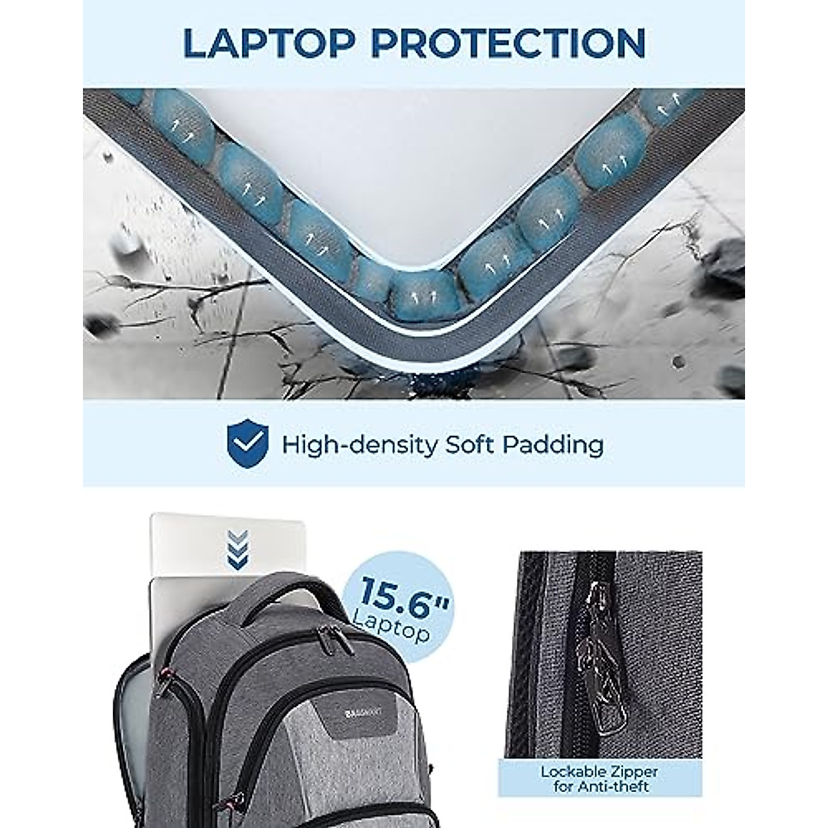 BAGSMART Travel Laptop Backpack, 15.6 inch Anti Theft Laptop Backpack With USB Charger Hole, Water Resistant Grey College bookbag for Women Men, Casual Daily Backpack for travel, Grey