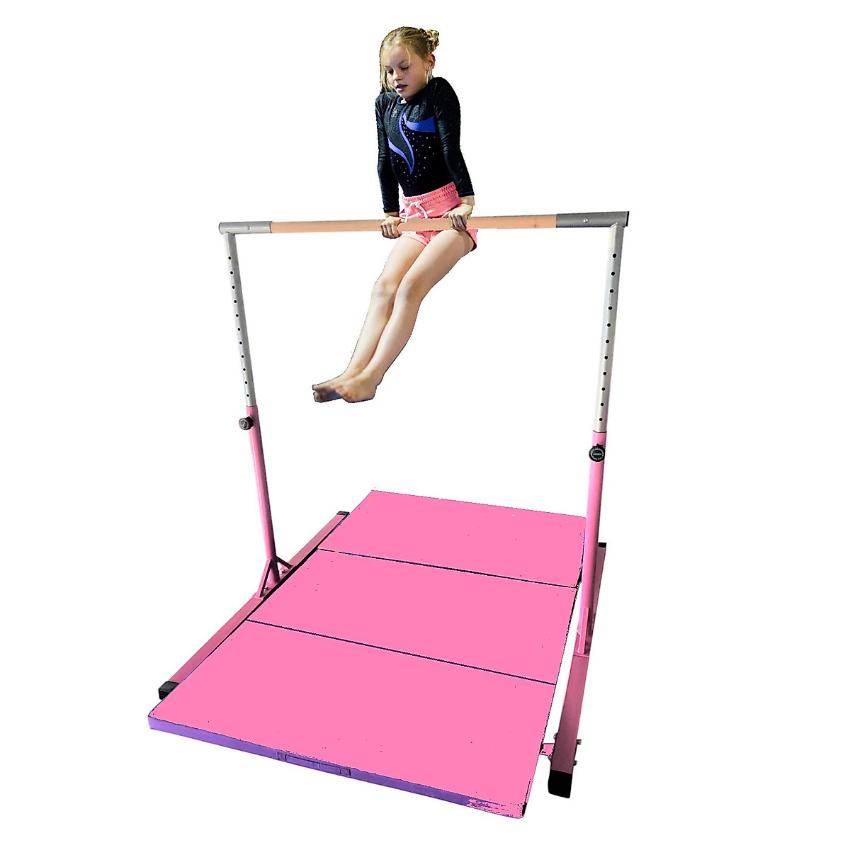 X-Factor 5 Ft Horizontal Bar Athletic Teens Adjustable Gymnastics 280 LB Capacity Children Junior Training Kip Bars Pink with 4' Ft x 8' Ft Gymnastic Mat Set