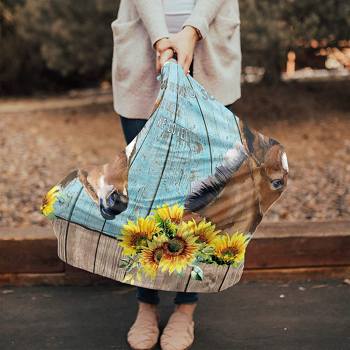 Funny Horse Baby Car Seat Covers, Nursing Cover Breastfeeding Scarf/Shawl, Infant Carseat Canopy, Stretchy Soft Breathable Multi-use Cover Ups, Farm Animals with Sunflower on Retro Wooden