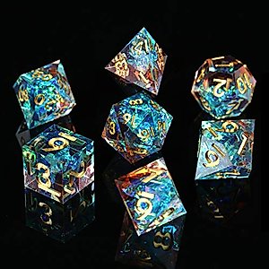 AUSPDICE DND Dice Set Handmade 7Pcs Sharp Edge Dice for Dungeons and Dragons TTRPG Games(Mix Blue&Brown Color)