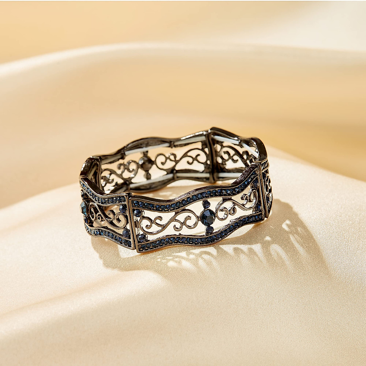 Flyonce Wedding Bracelet for Brides, Navy Blue Rhinestone Crystal Art Deco Elastic Stretch Bracelet for Women