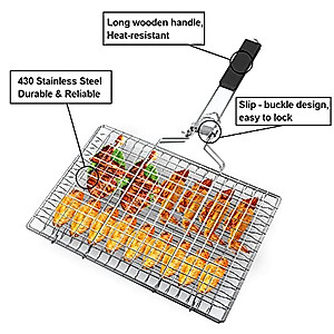 Grill Basket - Stainless Steel BBQ Grilling Basket, Foldable BBQ Basket with Detachable Handle, Portable Barbecue Grid for Fish Steak Vegetable Shrimp Including Basting Brush & Storage Bag (32x22cm)