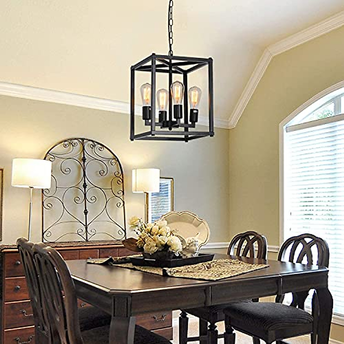 Lanhall 4-Light Farmhouse Chandelier Fixture Rustic Industrial Pendant Lighting Adjustable Height Metal Cage E26 Hanging Lights for Kitchen Island, Dining Room, Living Room, Bedroom, Foyer, Entry