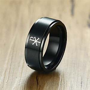 Stainless Steel Christian Symbol Cross Spinner Ring Religious Catholic Greek Letter XP Name of Christ Amulet Rotatable Anxiety Relieving Finger Ring for Men Women, Black, 9