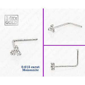 Jewelry Avalanche 3-Stone 0.015ctw Moissanite Nose Stud - 22G Solid 14Kt White Gold L-Shape Stud Nose Ring - April Birthstone Nose Stud LSWG310-MNT