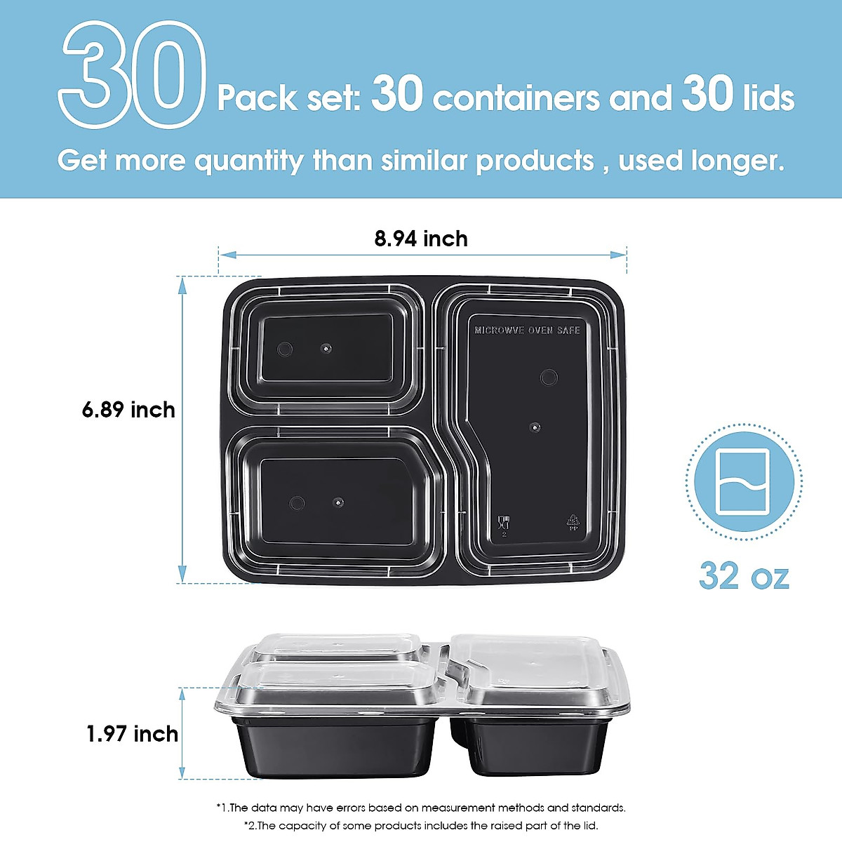 30 Pack Meal Prep Containers, 32 Oz 3 Compartment Food Storage Containers with Lids, Extra-thick Plastic To Go Containers, Disposable Lunch Box, BPA Free, Stackable, Dishwasher/Microwave/Freezer Safe