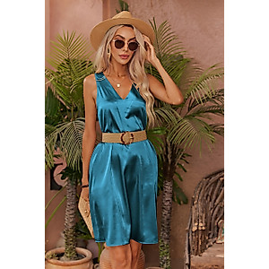 Ekouaer Nightgown Women's Silky V Neck Sleepwear Soft Lingerie Satin Pajama Dress Dark Blue