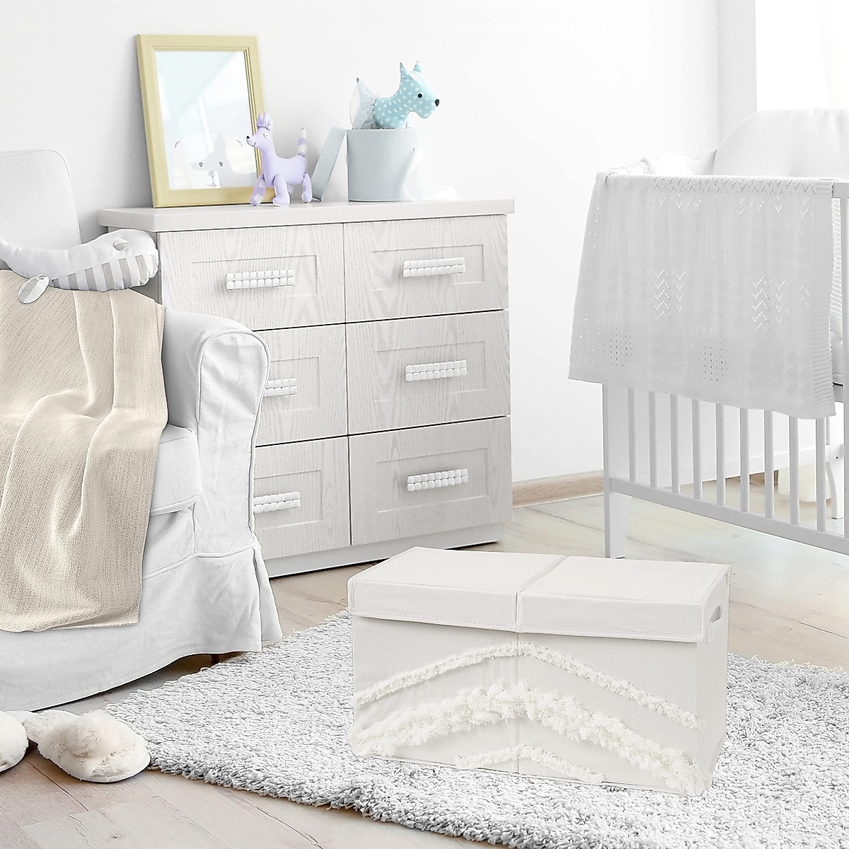 Sweet Jojo Designs Ivory Boho Bohemian Girl or Boy Small Fabric Toy Bin Storage Box Chest For Baby Nursery or Kids Room Gender Neutral Off White Farmhouse Chic Unisex Minimalist Fringe Macrame