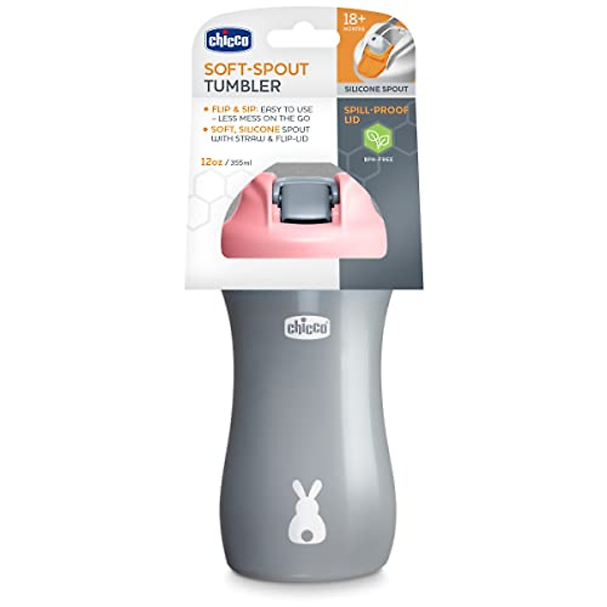 Chicco Soft Spout Tumbler with Silicone Straw and Spill-Proof Lid 12oz.| Built-In Carry Handle | Top-Rack Dishwasher Safe | Easy to Hold Travel Cup | Pink/Silver| 18+ months