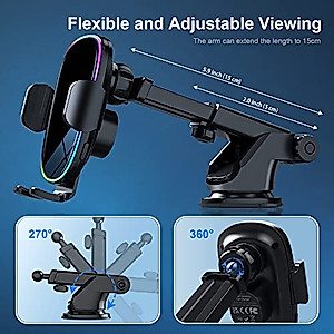 Wireless Car Charger Mount, SOARUN [Unique 7 Colors LED Dynamic Backlit] 15W Wireless Fast Charging Car Phone Holder, Auto-Clamping Wireless Car Charger for iPhone 14 Pro 13 12, Samsung S23 Ultra S22