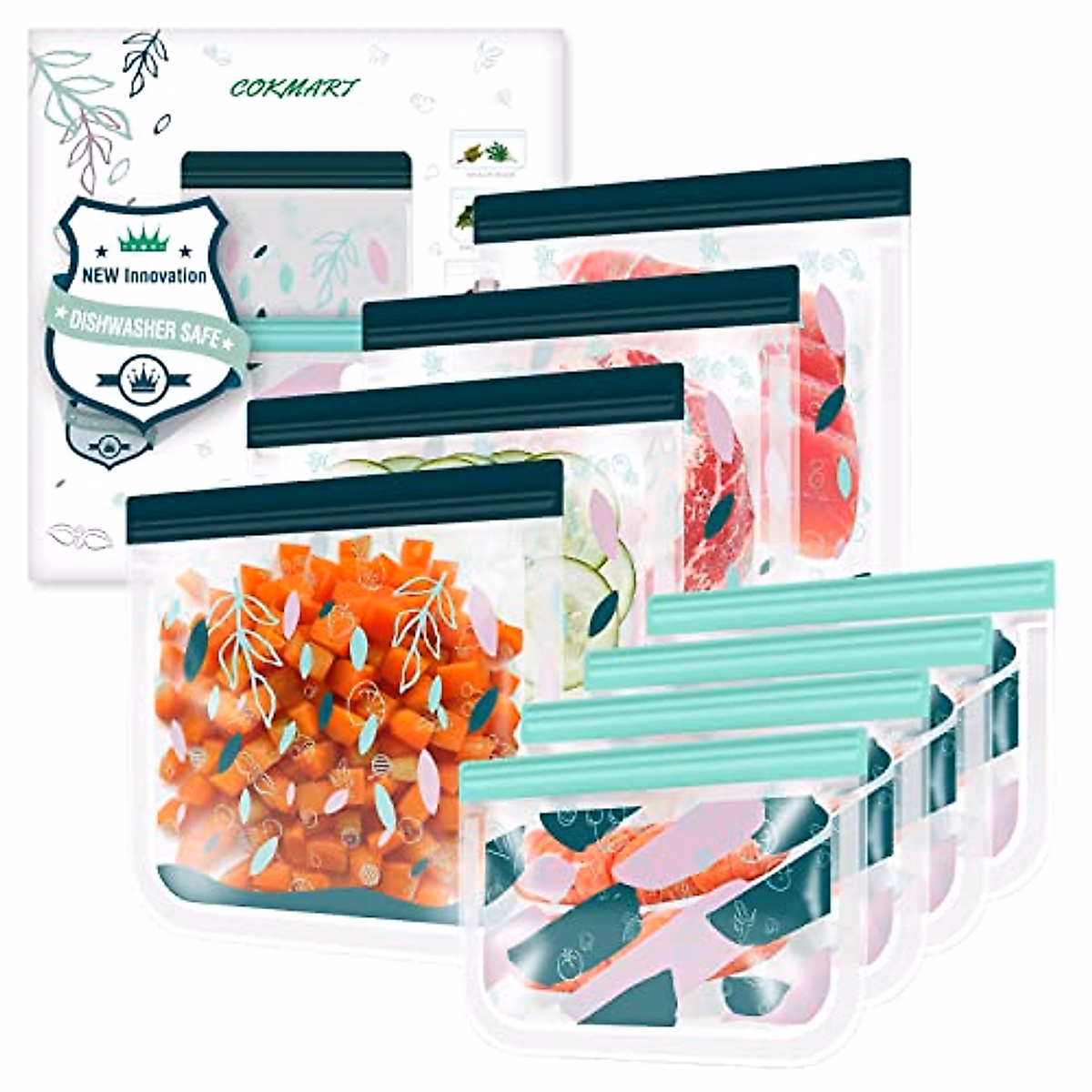 8-Pack Reusable Freezer Bags Silicone, Reusable Sandwich Bags and Reusable Snack Bags for Kids Travel/Home Organization, Reusable Food Storage Bags Dishwasher Safe/BPA Free