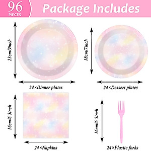Tevxj 96PCS Pastel Rainbow Tableware Set Rainbow Birthday Dinnerware Disposable Plates Rainbow Cloud Party Plates Napkins Forks for Birthday Baby Shower Weddings Party Decorations Supplies 24 guests
