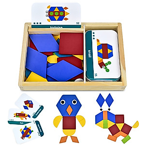 LiKee Wooden Pattern Blocks (37 Blocks& 50 Cards) (Third Edition)