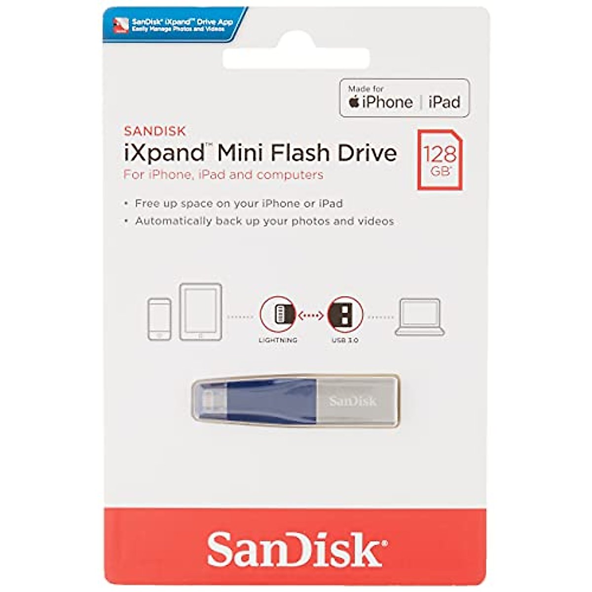 SanDisk 128GB USB 3.0 iXpand Mini Flash Drive with Lightning Connector for iPhones, iPads & Computers (SDIX40N-128G) Blue