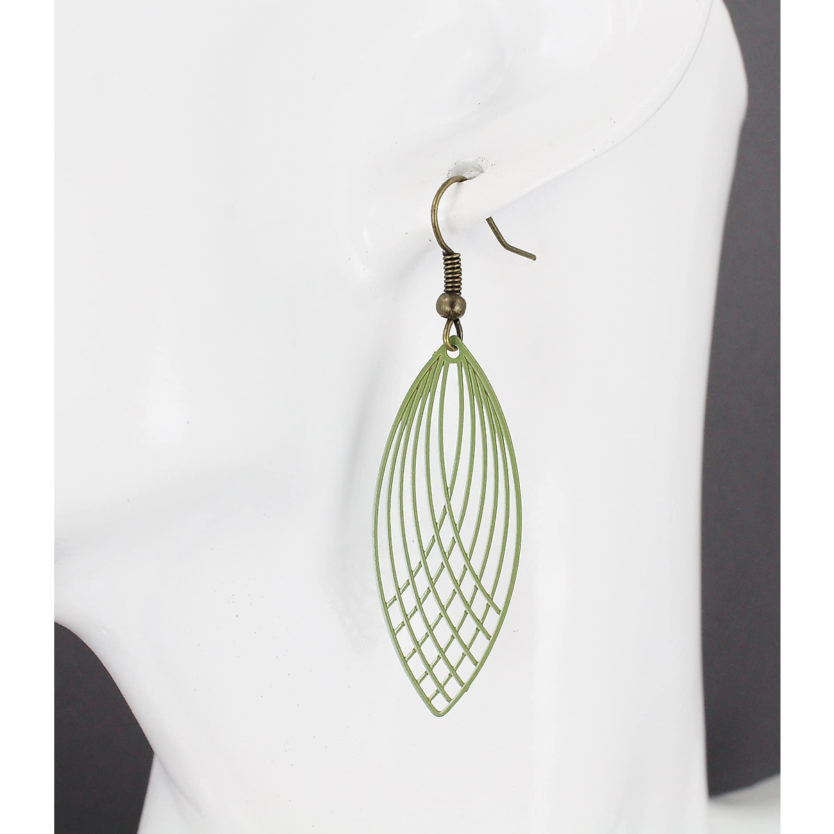 Olive Green earrings teardrop dangle lightweight oval filigree 2 1/4 inches long painted very lightweight