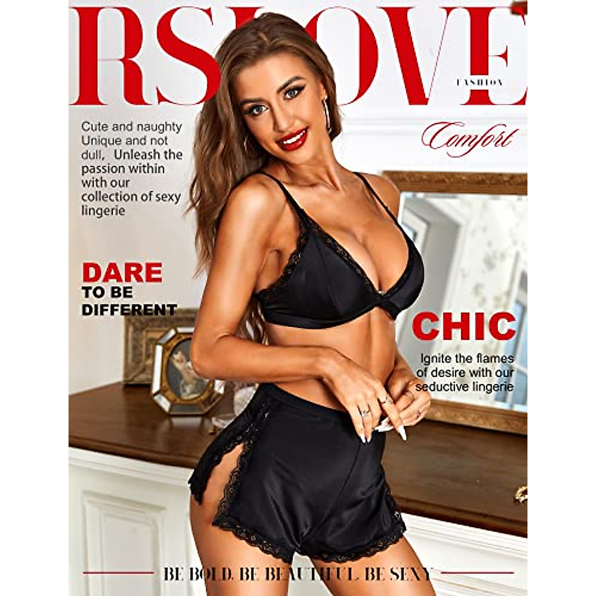 RSLOVE Sexy Pajamas for Women Soft Lingerie Set Lace Trim Sleepwear 2 piece Pjs Shorts Set Black S