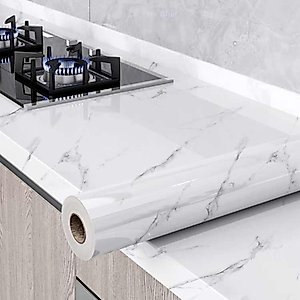 LXCREAT Glossy Gray White Marble Contact Paper, Granite Marble Wallpaper Peel and Stick Countertops, 15.7" x 118" Self Adhesive Removable Vinyl Wallpaper for Kitchen Beadboard Decoration