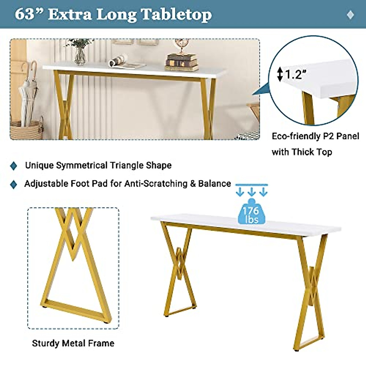 Fashion 4-Piece Counter Height Dining Table Set,Extra Long Console Bar Dining Table Set with 3 Padded Stools,Gold Metal Frame Kitchen Set for Small Places,Dining Area,Kitchen,Breakfast Nook,Home Bar.