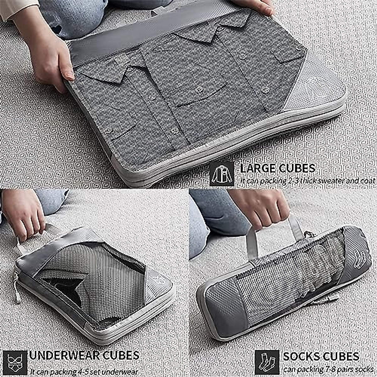 Compression Packing Cubes for Suitcases, VIKASI 6 Set of Travel Luggage Packing Organizers, Suitcase Organizer Bags Set for Expandable Packing Organizers Travel Accessories (Gray)