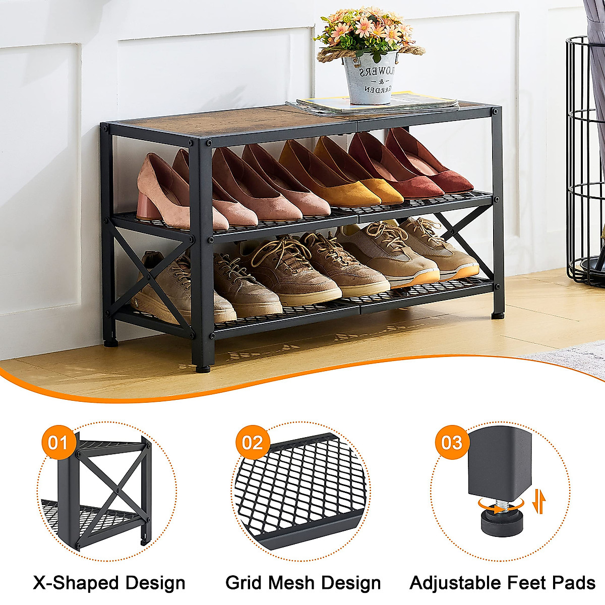 Hoctieon Shoe Rack, 3-Tier Shoe Organizer, 28in Small Wooden Shoe Bench for Front Door, Shoe Storage with Mesh Shelves for Entryway Living Room Hallway Closet, Rustic Brown (3-Tier)