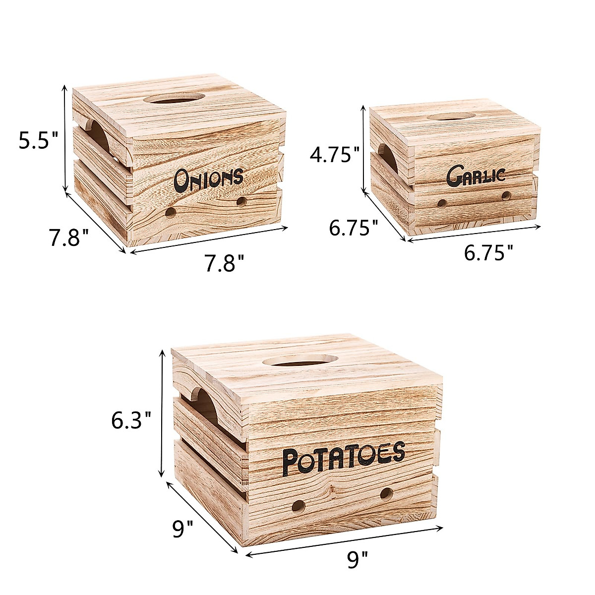 Frcctre 3 Pack Vegetable Storage Bins, Farmhouse Potato Onion Garlic Kitchen Storage Canisters Set, Wooden Stackable Vegetable Keeper with Lid and Aerating Holes for for Pantry Organization