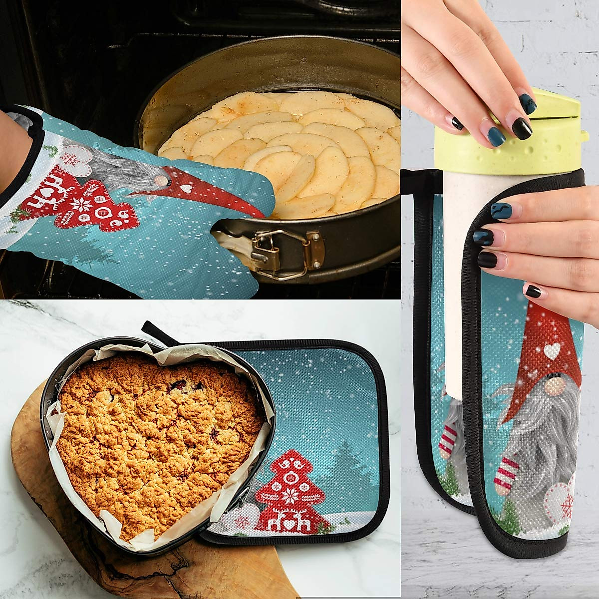 Merry Christmas Tomte Winter Snowflake Pattern Oven Mitts and Pot Holders Set, Heat Resistant Non-Slip Gloves Hot Pads Insulated for BBQ, Grill, Baking, Cooking, Oven, Microwave, Kitchen Gift