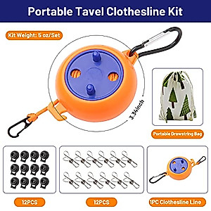 Portable Travel Clothesline Cord, Caudblor Adjustable 26ft Camping Clothes line, Laundry Drying Rope for Hotel Trip, Cruise, Outdoor/Indoor, with 12Pcs Stoppers, Windproof Clothespins