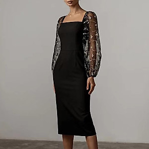 Beach Dresses for Women Women Square Neck Long Sleeve Dress Tulle Floral Embroidered Evening Dresses Wrap Hip Dress Black