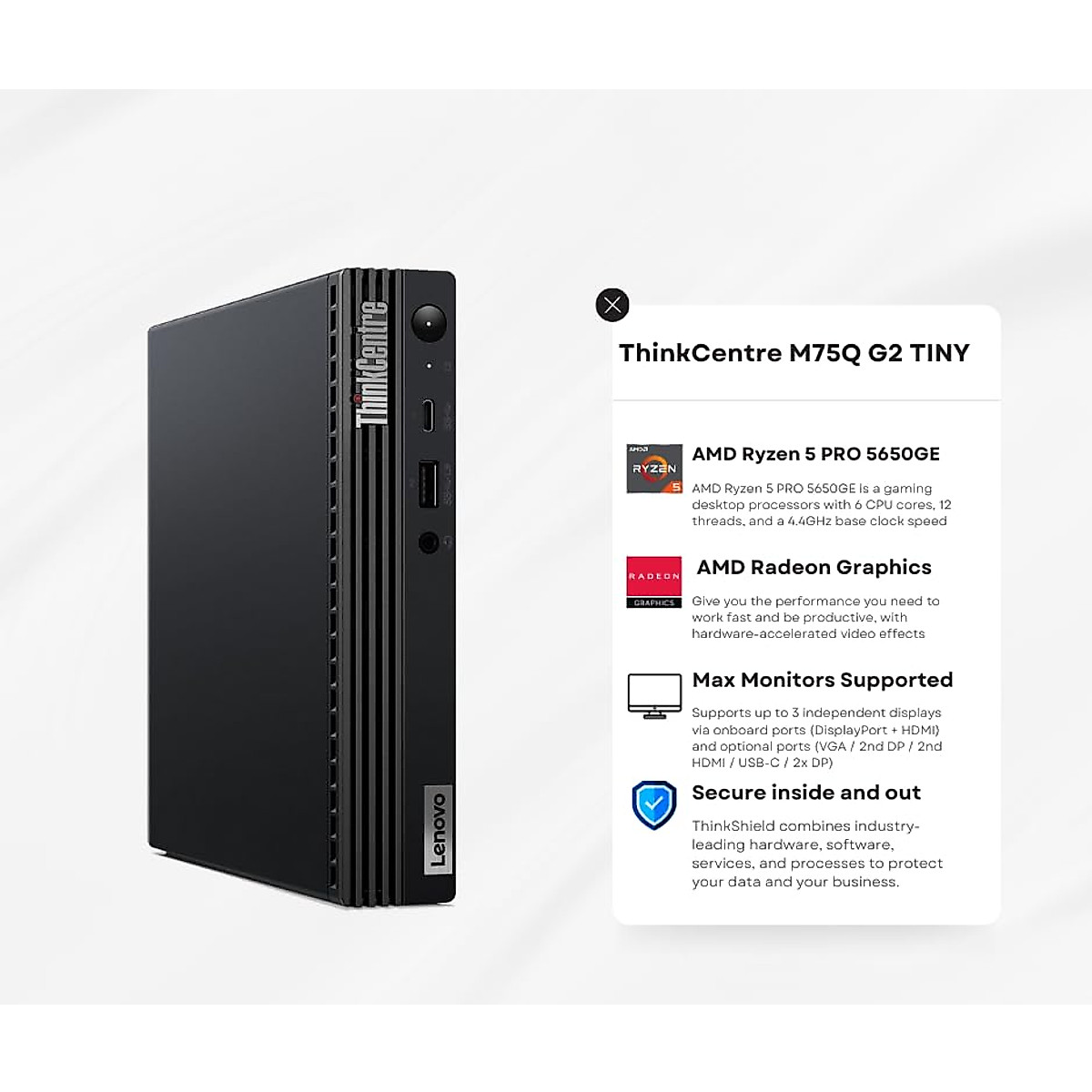 Lenovo ThinkCentre M75q Gen 2 Tiny, AMD Ryzen 5 Pro 5650GE Hexa Core (Beats Intel i7-1260P) 16GB RAM, 256GB NVMe, W11P, 3YR, Home & Office Tiny Desktop