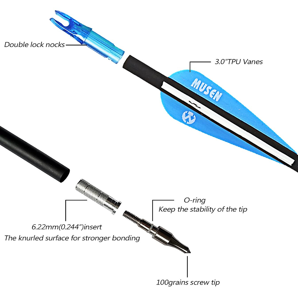 Musen Archery 30/28 Inch Carbon Practice Targeting Arrows with Removable for Youth Compound & Recurve Bow Target (Pack of 12)