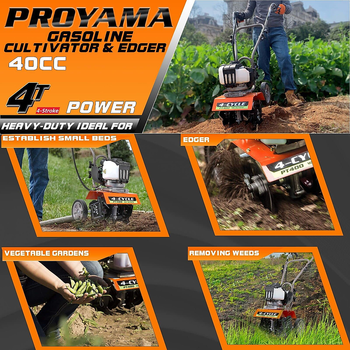 PROYAMA Garden Tiller Gas Powered, 40cc 4-Cycle Gas Tiller and Cultivators, 2 in 1 Cultivator with Edger, Adjustable Width and Depth