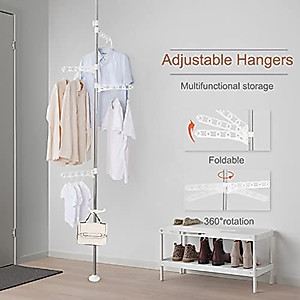 DAHOOMII 4-Tier Adjustable Laundry Pole Clothes Drying Rack Tension Rod Corner Metal Coat Tree Hanger Garment Stand Heighten Floor to Ceiling Clothing Storage Organizer - Ivory