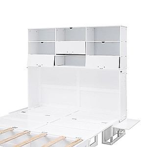 Queen Size Murphy Bed with Bookcase, Bedside Shelves and a Big Drawer, Multi-Functional Murphy Bed for Kids, Teens Bedroom, Space Saving Design & Easy Assembly (White-)