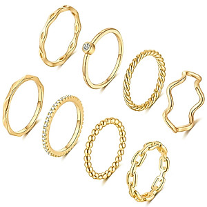 FUNEIA 8PCS 14K Gold Plated Stacking Rings for Women Size 4 to Size 12 Gold Silver Stackable Knuckle Rings Set Simple Thumb Thin Wedding Pain Band Rings