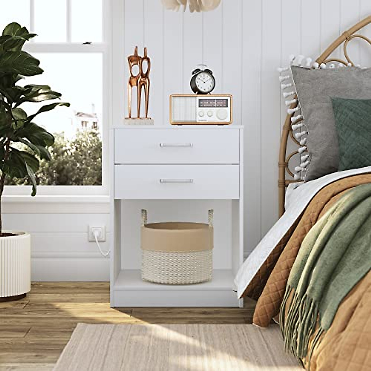 ADORNEVE Nightstand with Charging Station,White Night Stand for Bedroom, End Table Side Table Wooden Sofa Side Storage Stand Cabinet,with Sliding Drawer and Shelf