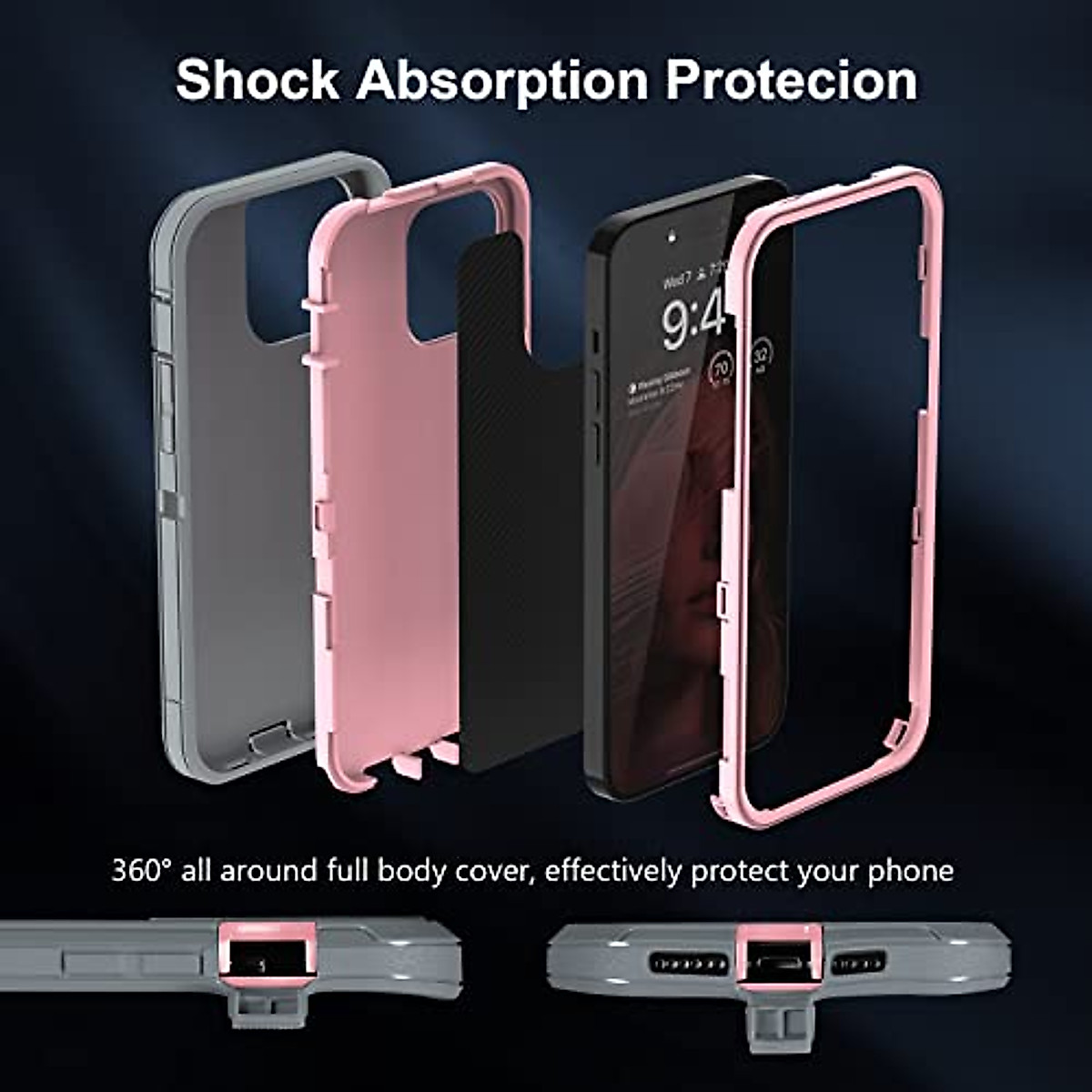 Sansunto for iPhone 14 Pro Max Case, Full Body Protection Heavy Duty Shockproof Military Grade 3 in 1 Silicone Rubber with Hard PC Rugged Durable Phone Cover for 14ProMax 6.7 Inch (GrayPink)